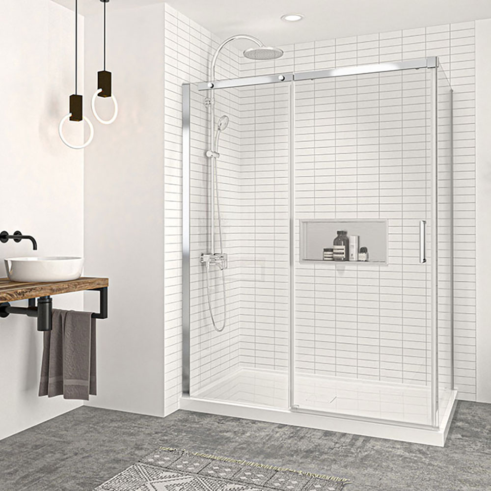 Shower door 60" x 32", in a corner closing on return, wall on the left, door on the right, in chrome